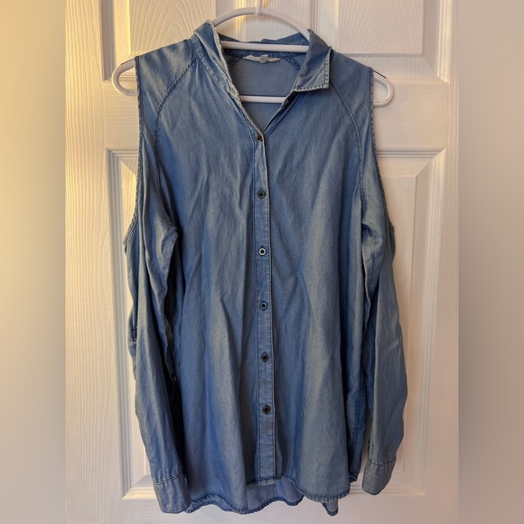 Aziz | Tops | Shoulderless Faux Denim Top | Poshmark